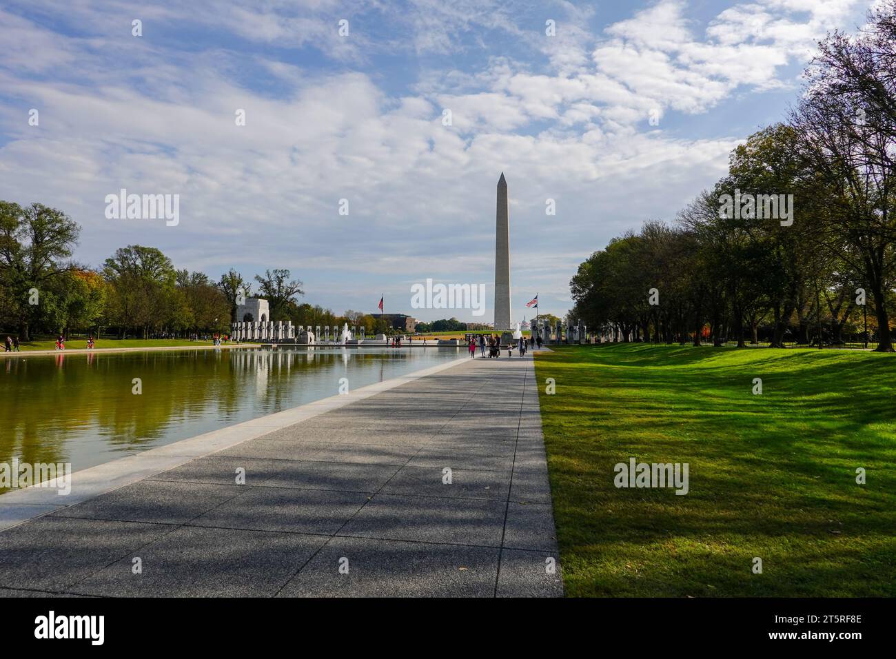 People walking past the reflecting pool on the National Mall with the ...
