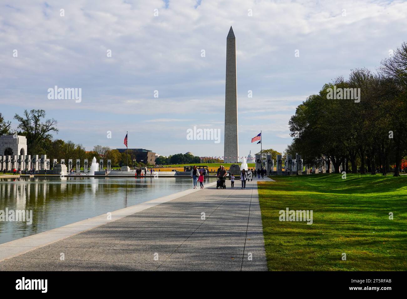 People walking along the National Mall, past the WWII Memorial and the ...