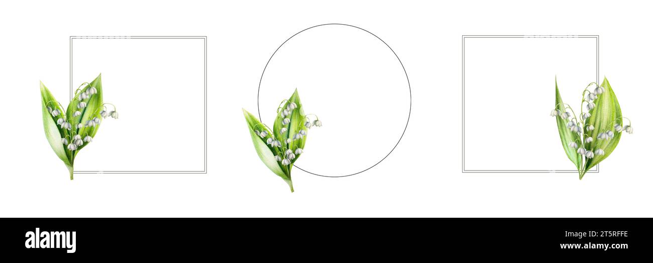 Watercolor set of frames with bouquet of lilies of the valley flowers ...