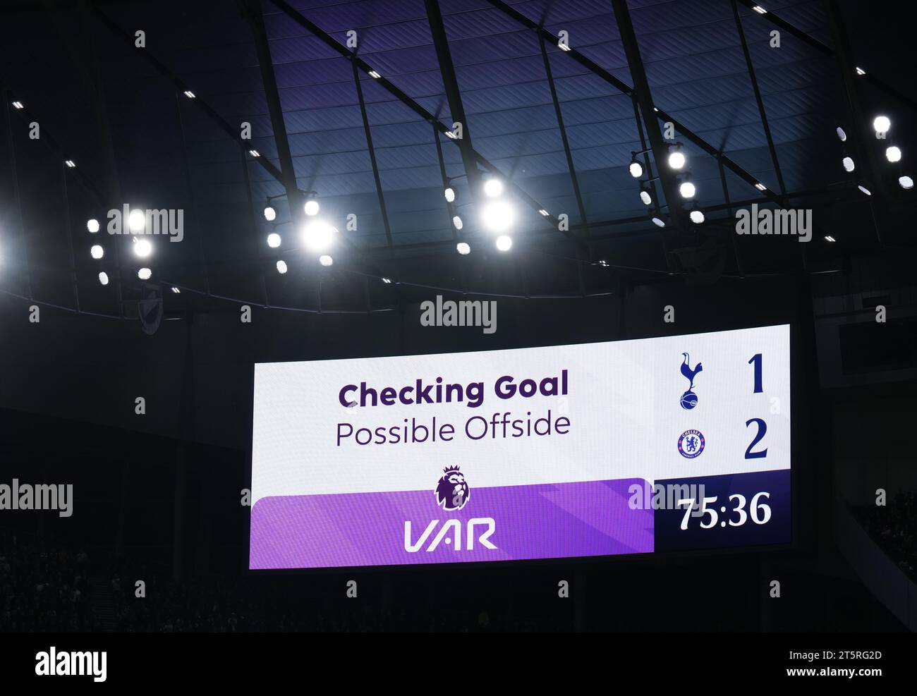 The big screen shows VAR checking a goal for a possible offside during the Premier League match ...