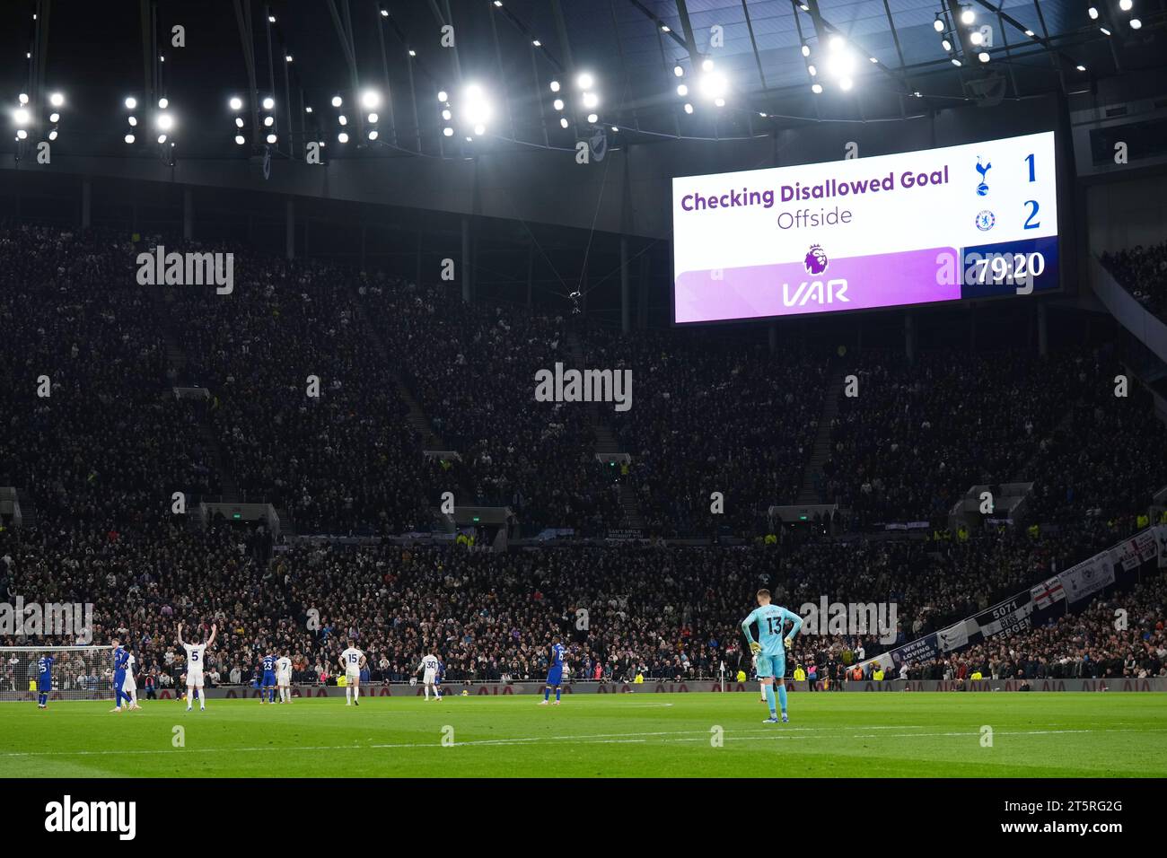 The big screen shows VAR checking a disallowed goal for a possible ...