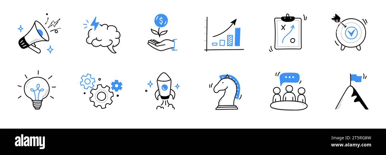 Business idea, startup doodle line icon set. Hand drawn doodle sketch line style business ...