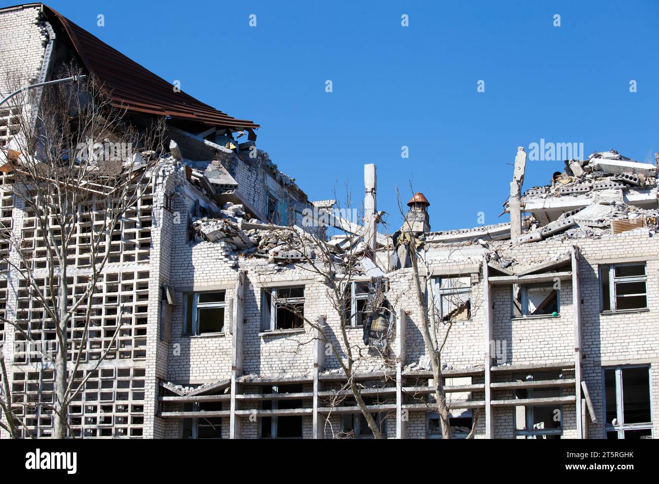 Destroyed building as a result of a shell hit. Russia attacked Ukraine ...