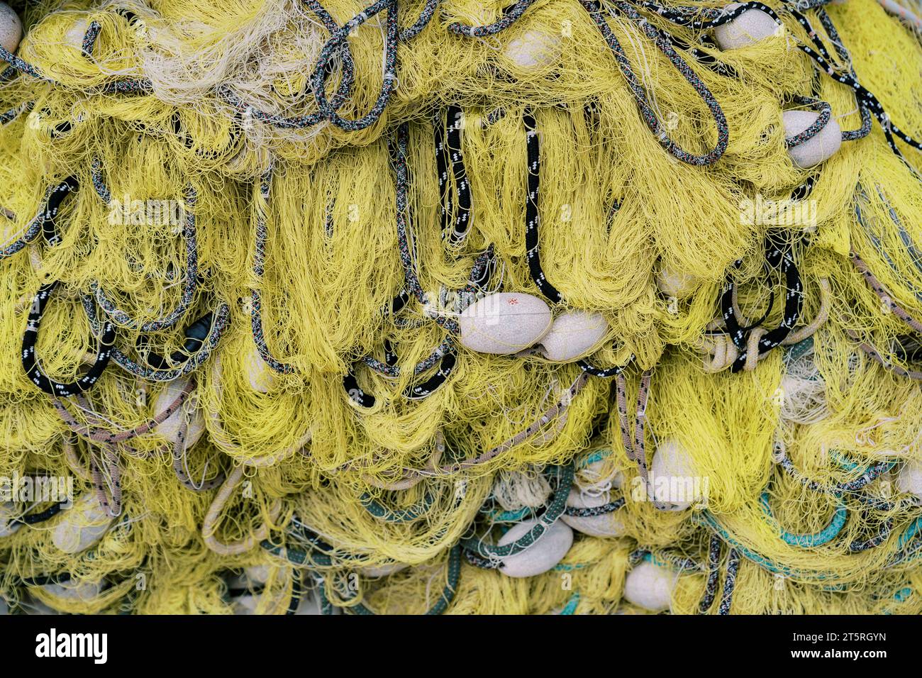 Yellow fishing net with black ropes and white floats. Top view Stock ...
