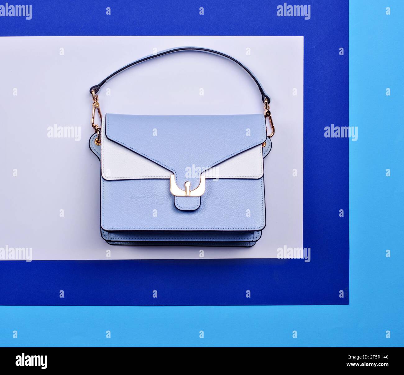 Elegant female handbag made of light blue and white leather with black ...