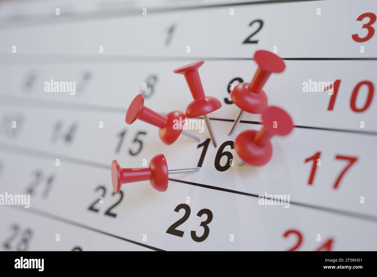 Very busy important day in calendar with many pins. 3D rendered ...