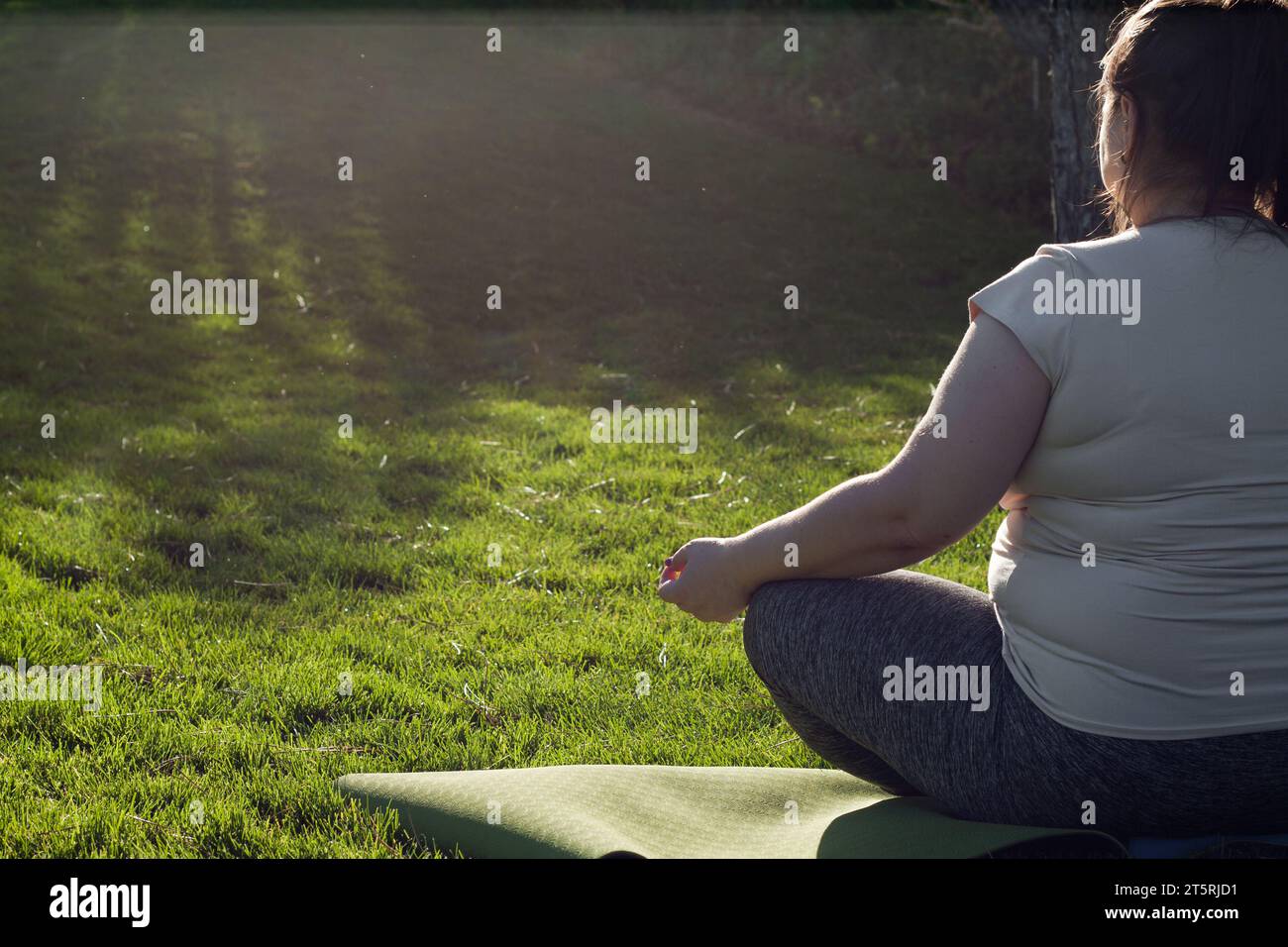 Portrait of overweight Caucasian middle-aged woman practicing yoga in ...