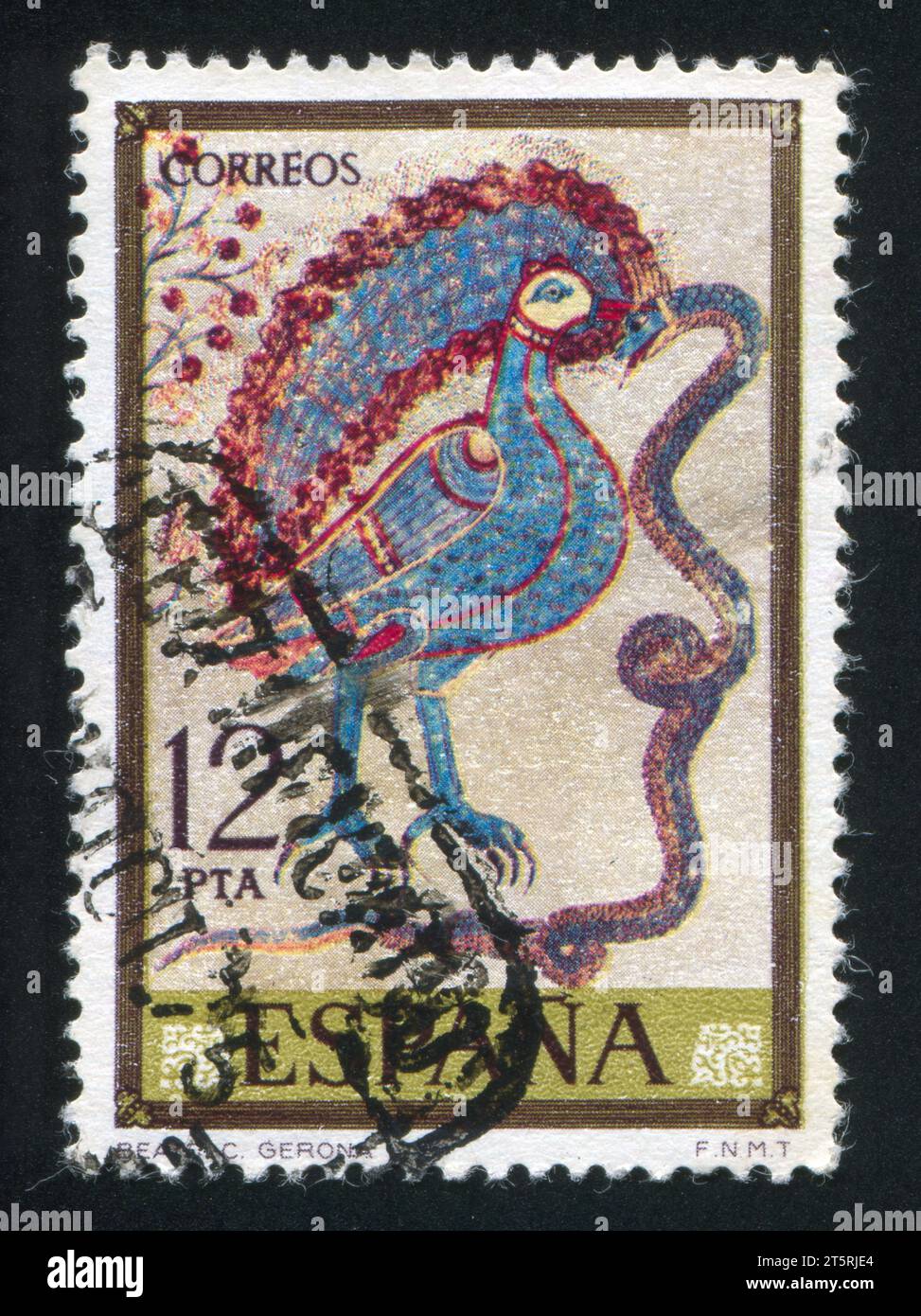 SPAIN - CIRCA 1975: stamp printed by Spain, shows Bird Holding Snake ...