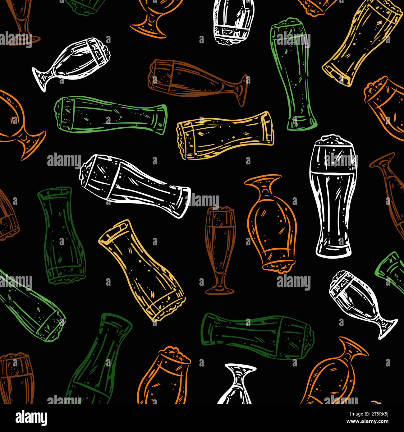 Pattern with beer, cider glasses in sketch style on black background ...