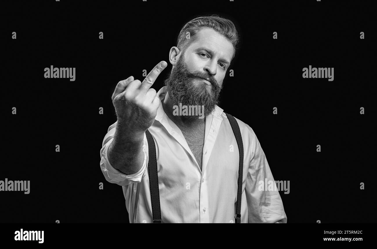 brutal man with middle finger gesture isolated on black. brutal man ...