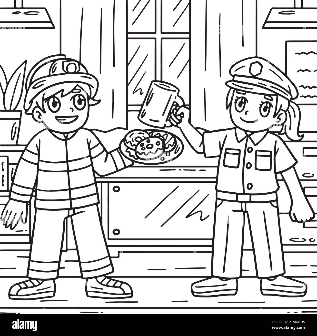Firefighter and Policewoman Coloring Page for Kids Stock Vector Image ...