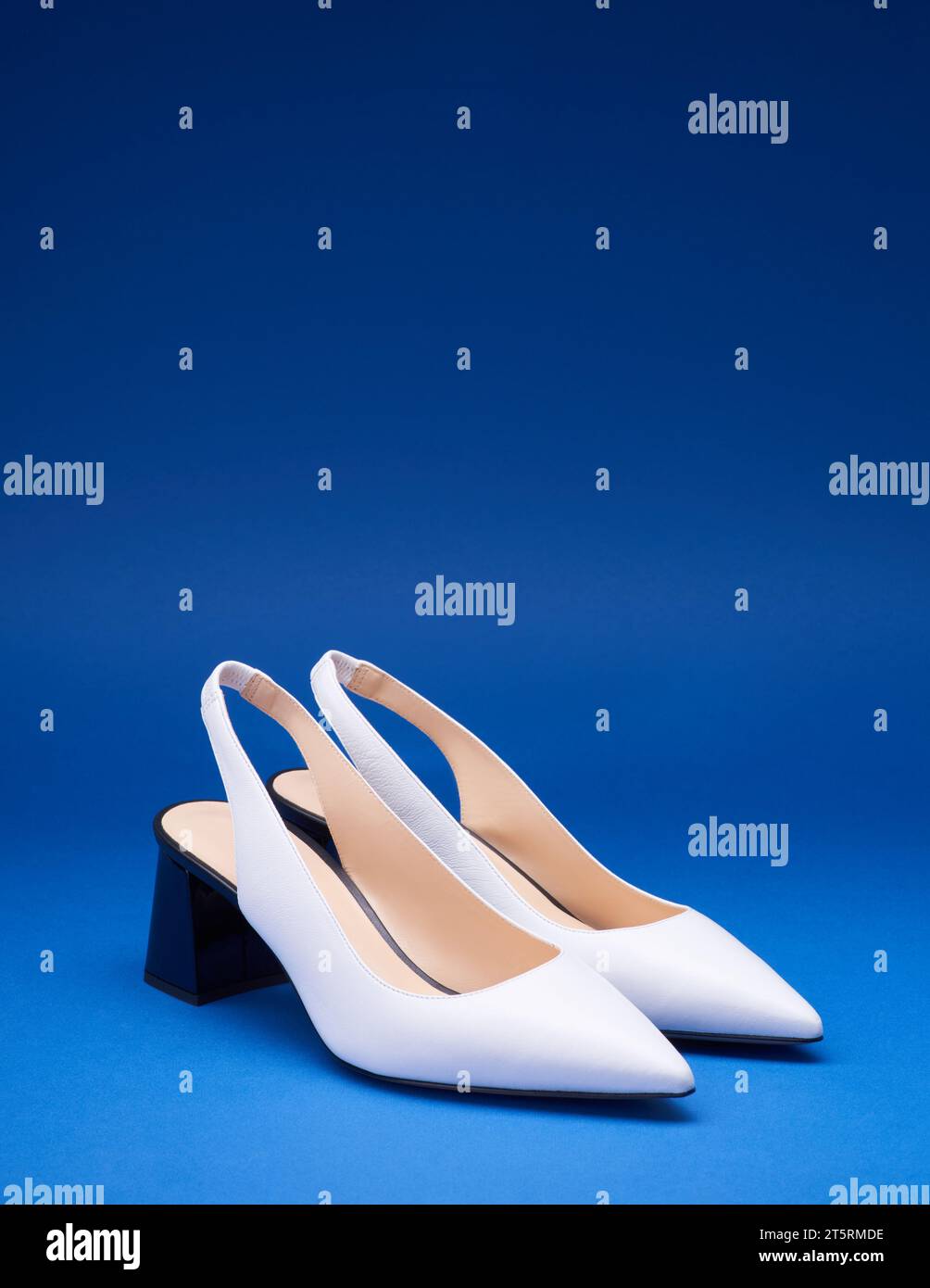 Elegant white pointed-toe female shoes with an open back and black ...