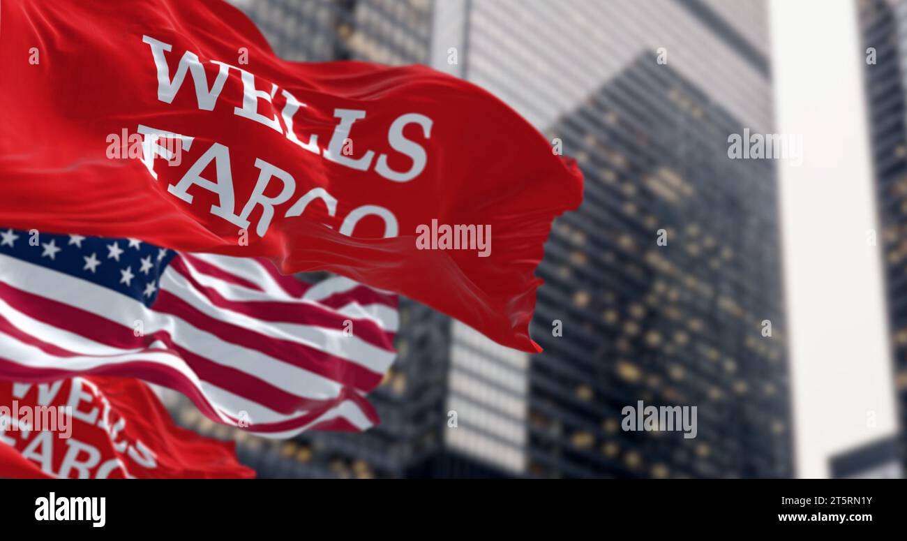 San Francisco, US, Oct. 1 2023: Wells Fargo bank and American flags ...