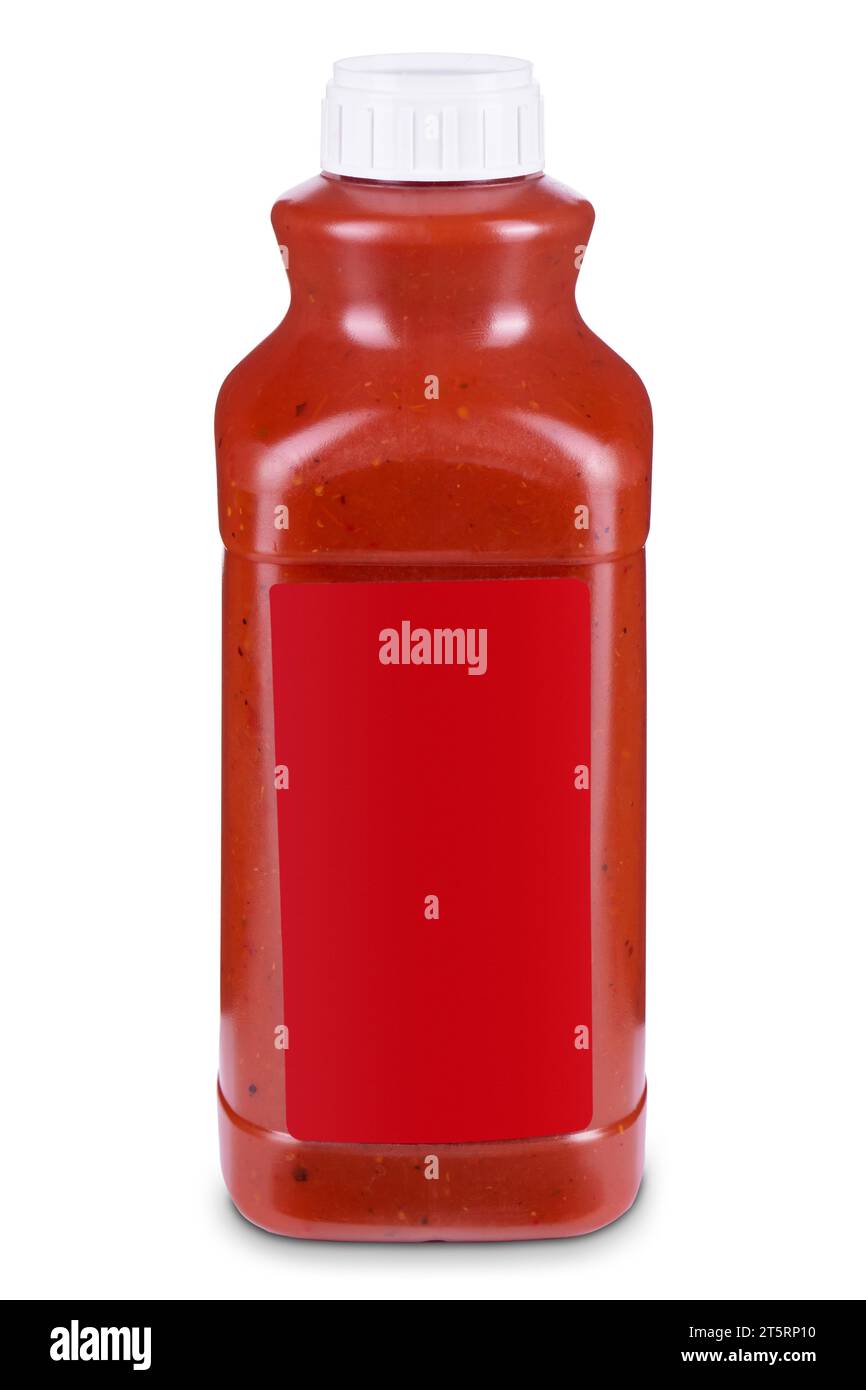 Bottle of red sauce with blank red label isolated on a white background ...