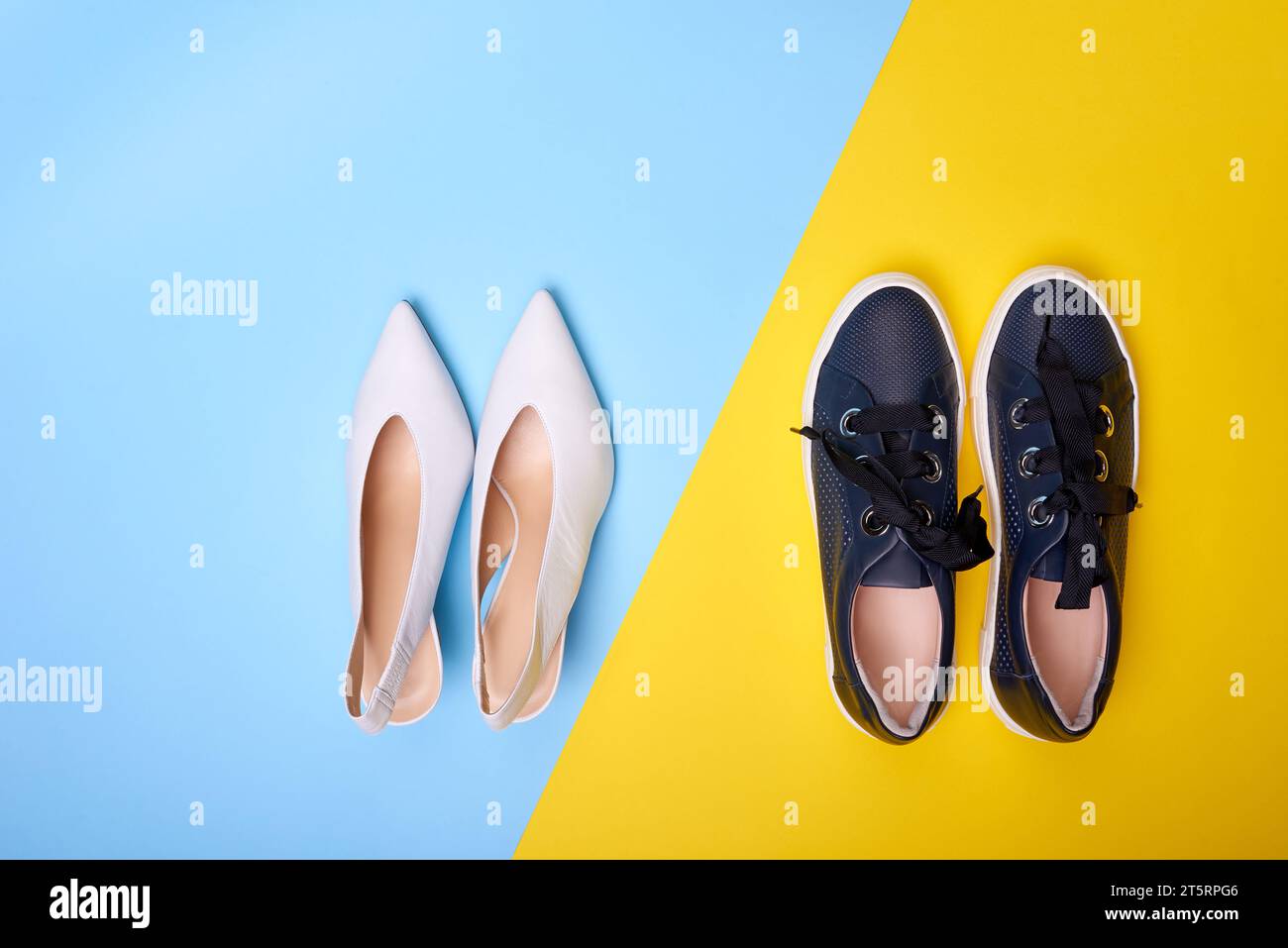 Two pairs of women's shoes of different colors and styles on a ...