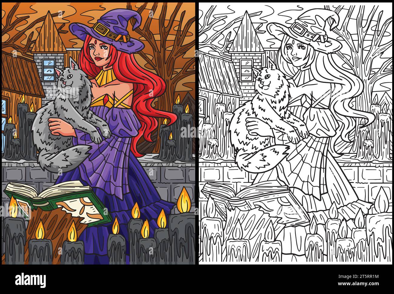 Halloween Witch with a Cat Coloring Illustration Stock Vector Image ...