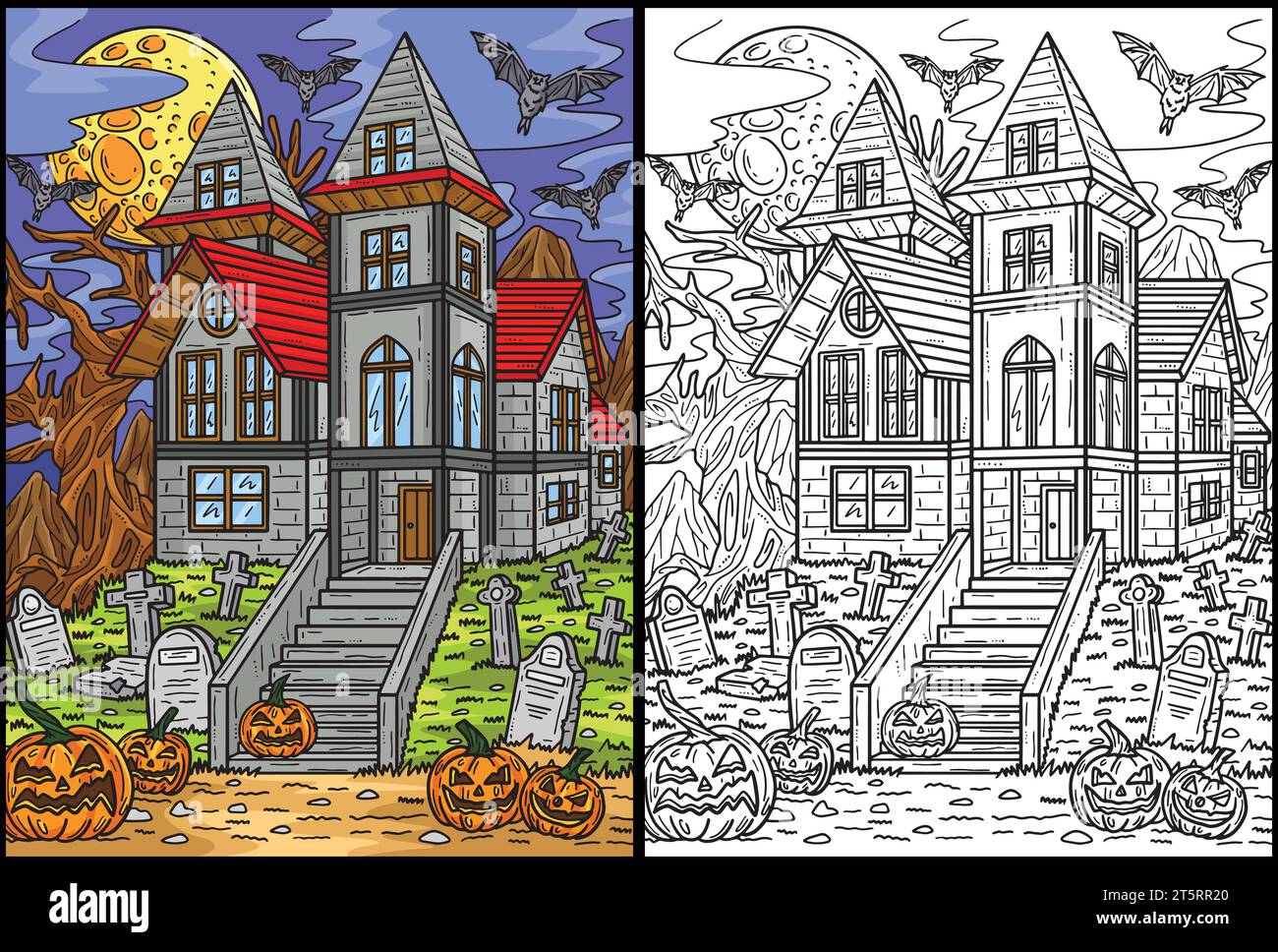 Halloween Haunted House Coloring Page Illustration Stock Vector Image ...