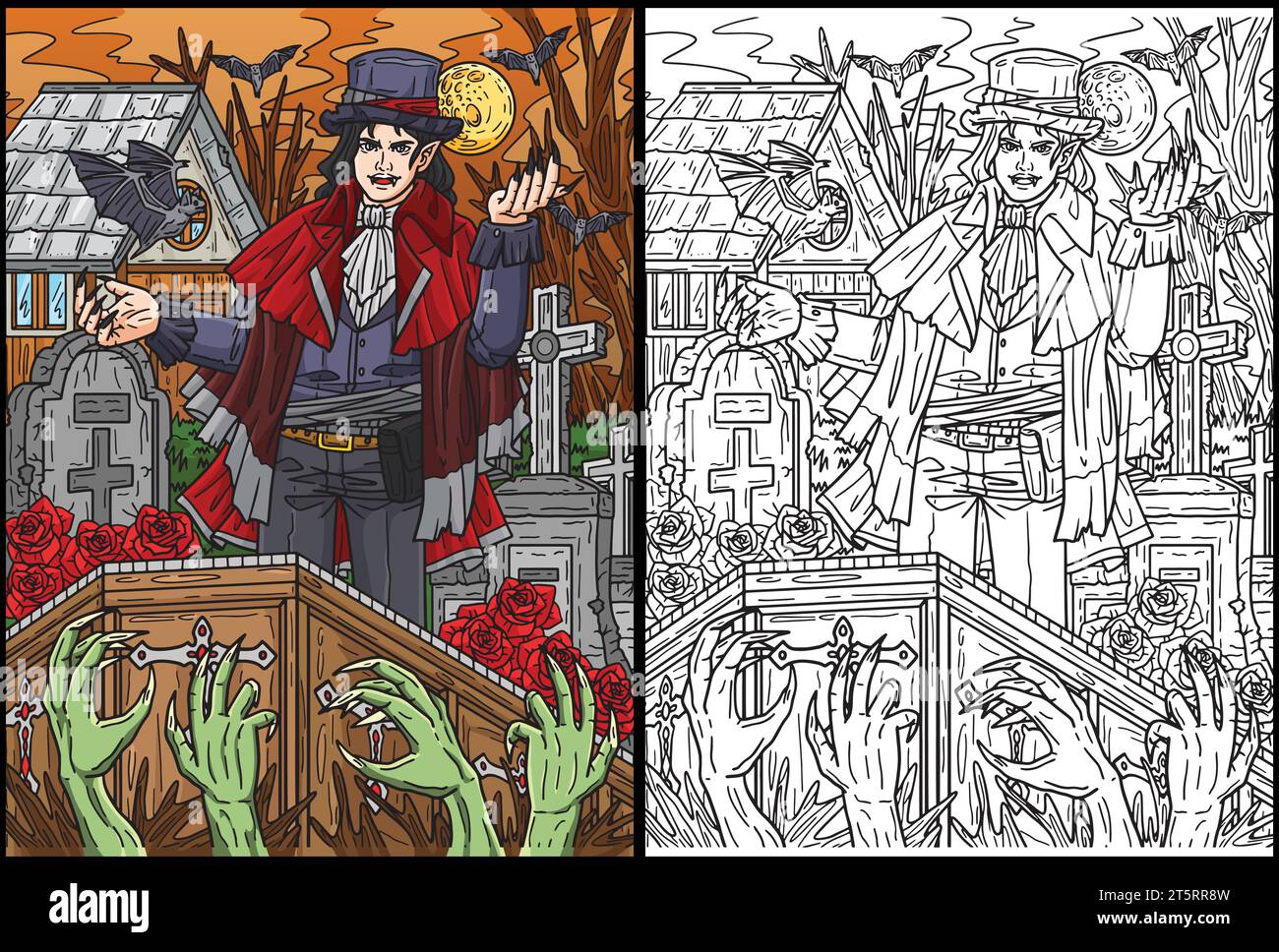 Halloween Vampire and Coffin Coloring Illustration Stock Vector Image ...
