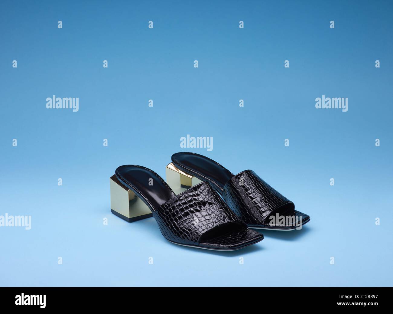 Fancy women's black open-toe flip-flops. Crocodile leather texture and ...