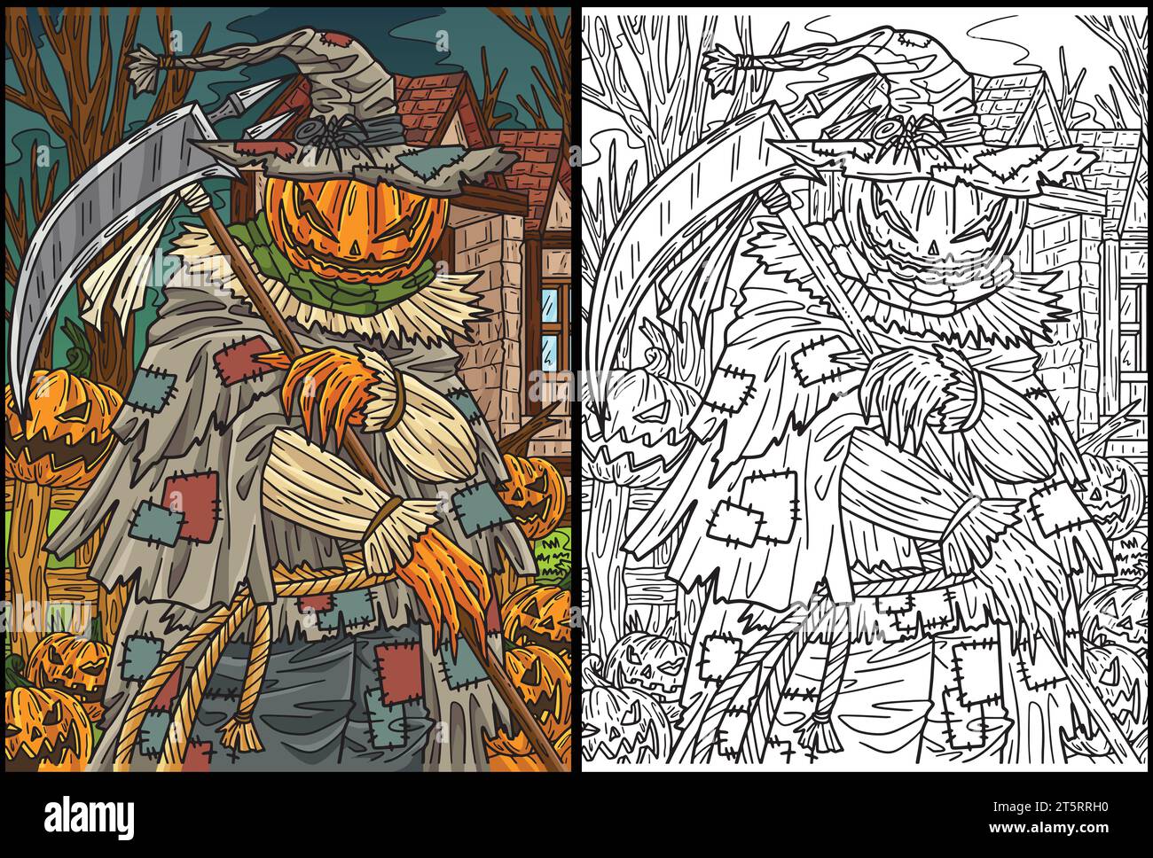 Halloween Scarecrow Scythe Coloring Illustration Stock Vector Image ...