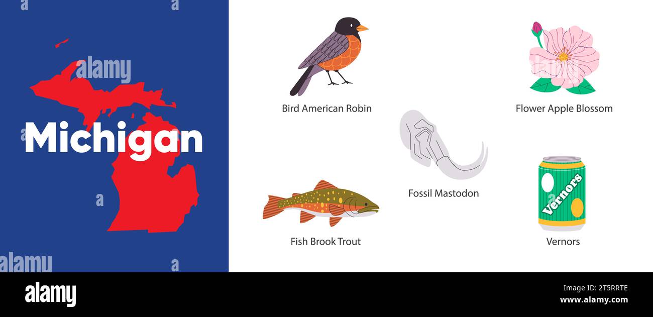 Michigan states with symbol icon of American robin vernor mastodon ...