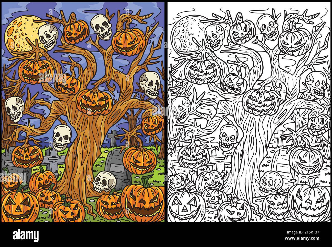 Halloween Haunted Tree Coloring Page Illustration Stock Vector Image ...