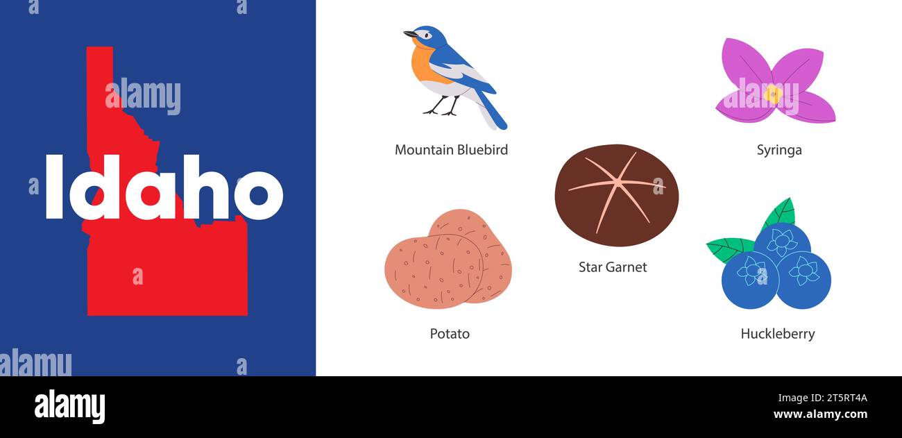 Idaho states with symbol icon of huckleberry potato star garnet syringa ...