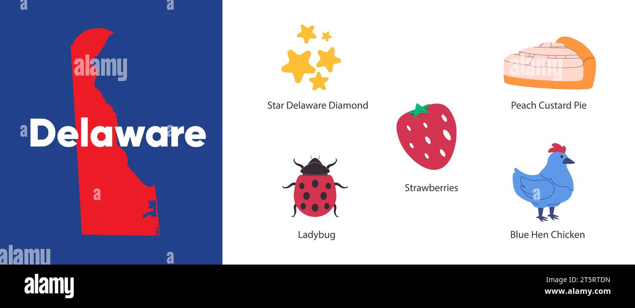 Delaware states with symbol icon of blue hen chicken peach custard pie ...