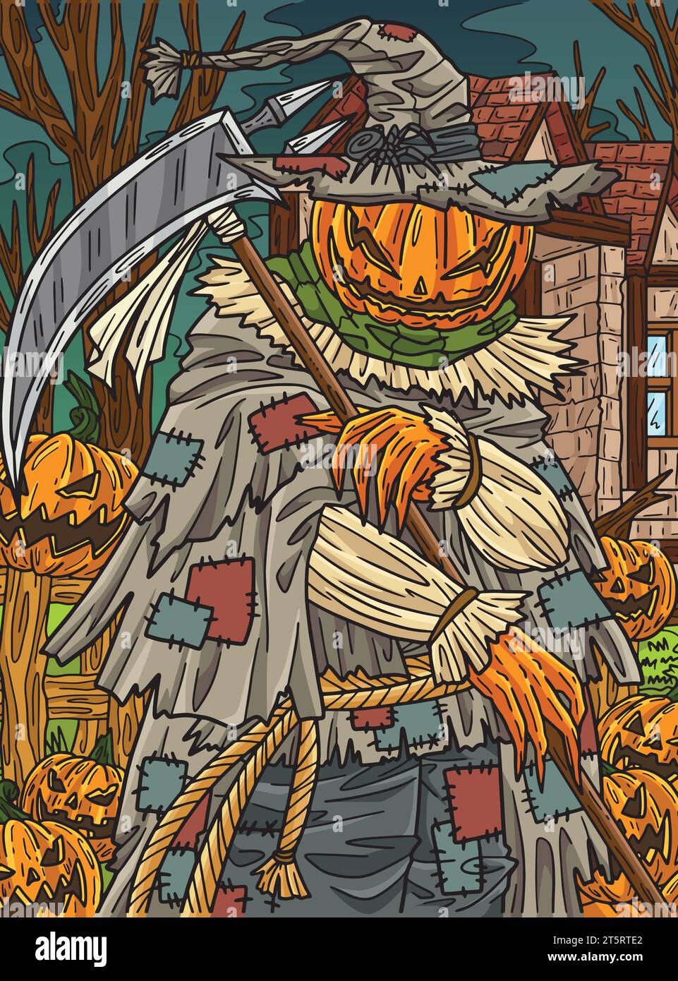 Halloween Scarecrow with a Scythe Colored Cartoon Stock Vector Image ...