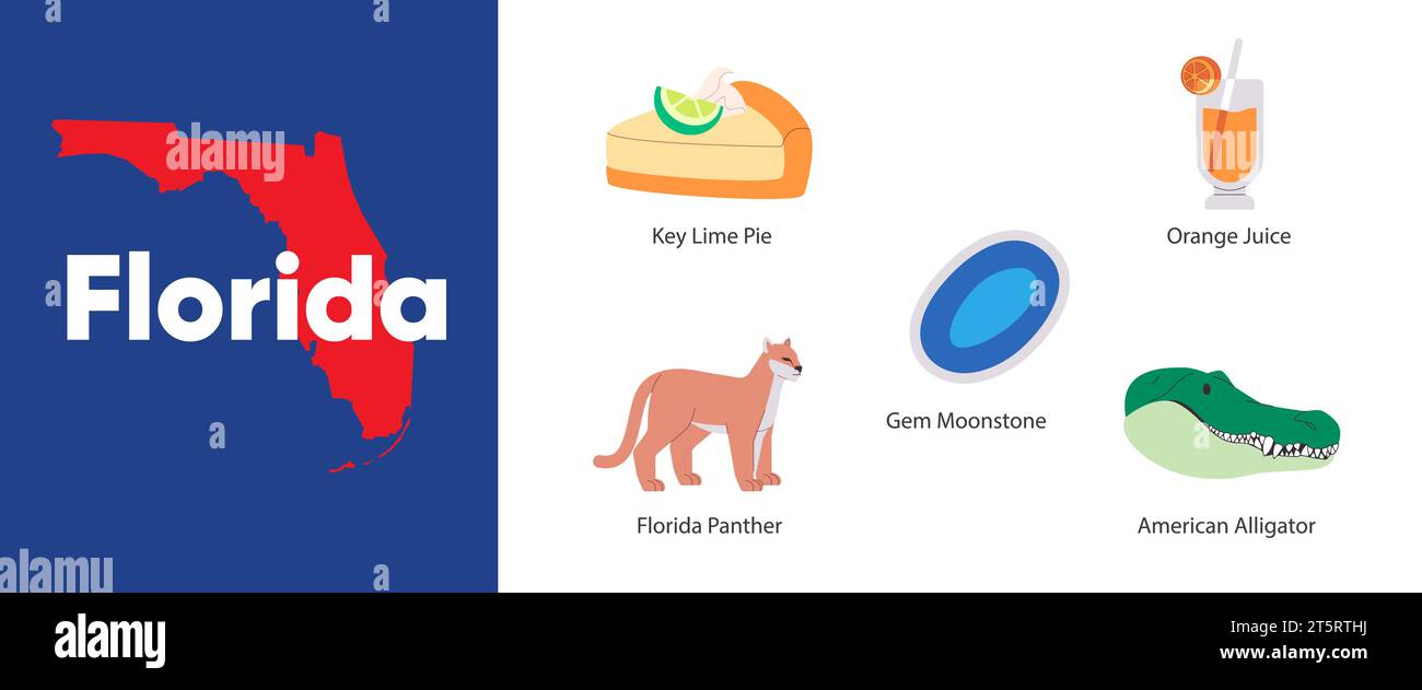 Florida states with symbol icon of orange juice moonstone key lime pie ...