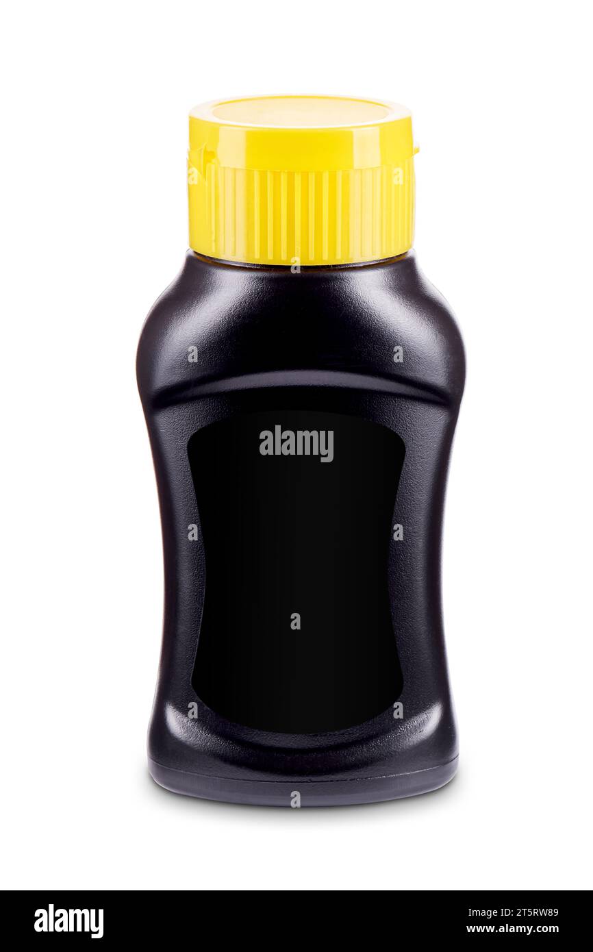 Black premium honey mustard sauce bottle with yellow flip-top cap and ...
