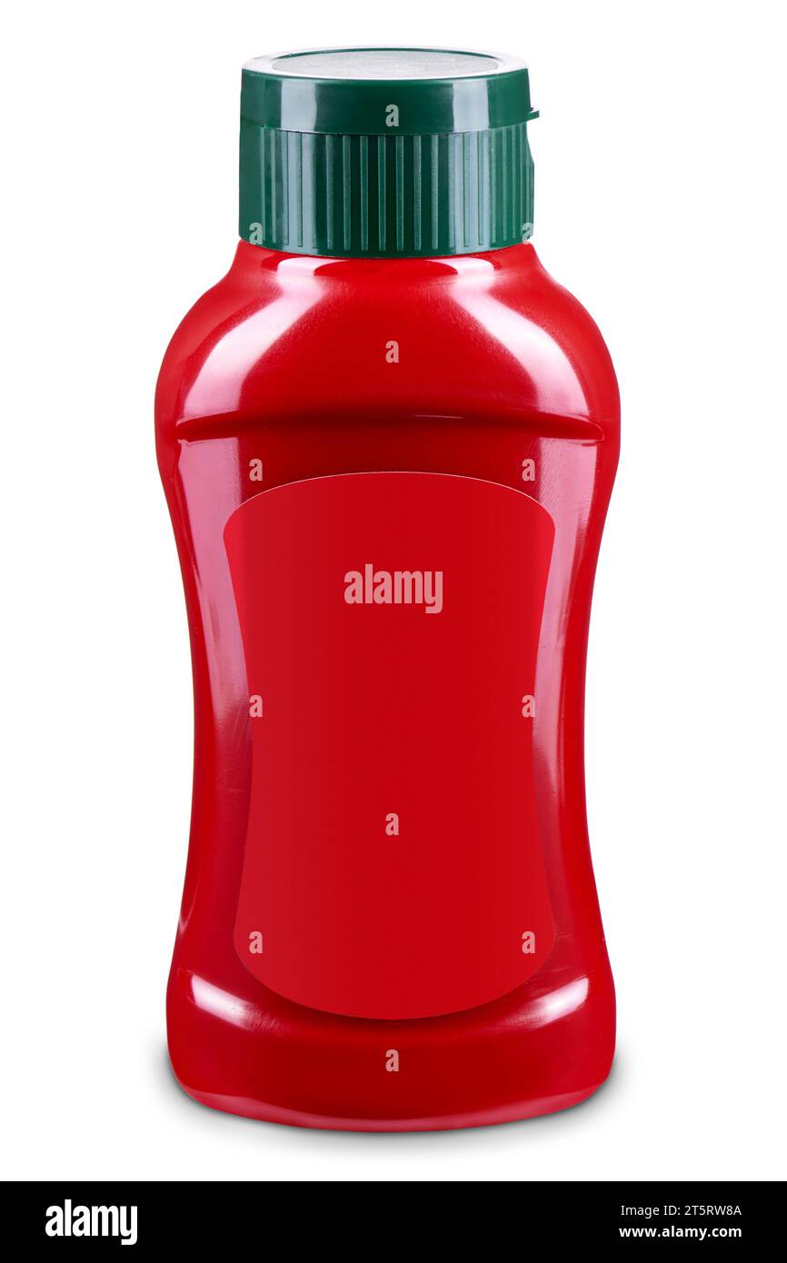 Red sauce bottle with green flip-top cap and blank red label isolated ...