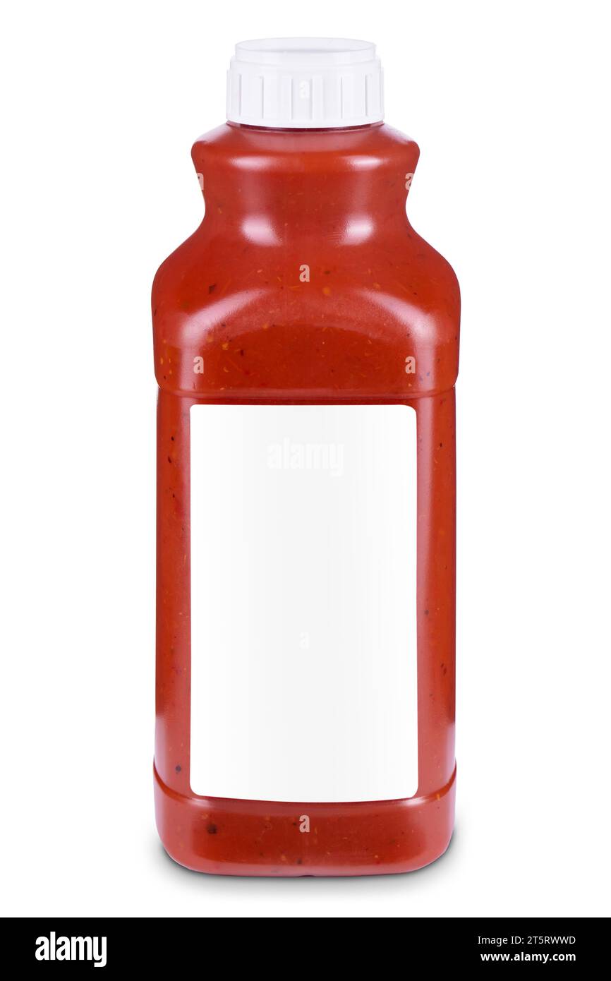 Bottle Of Red Sauce With Blank Red Label Isolated On A White Background Mock Up For Product