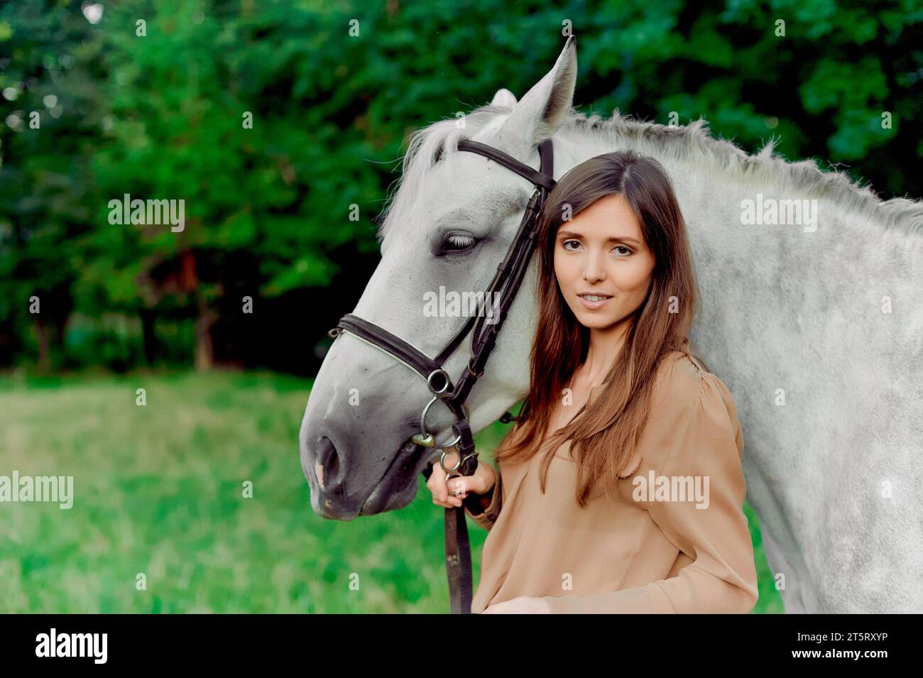 A portret of a young woman, a jockey-girl, that leads a saddled grey horse on grass. Horse ...