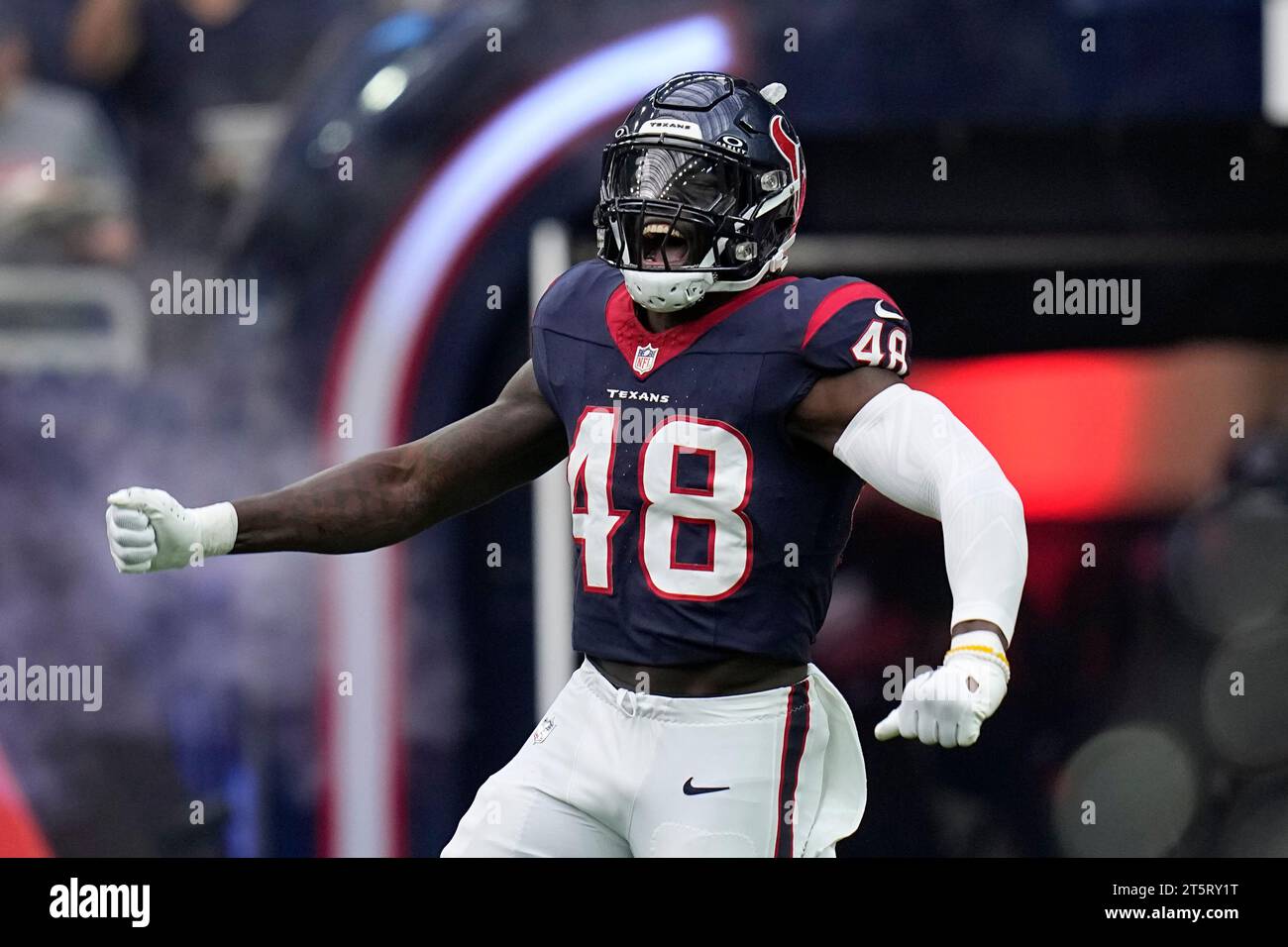 Houston Texans linebacker Christian Harris (48) is introduced before an ...
