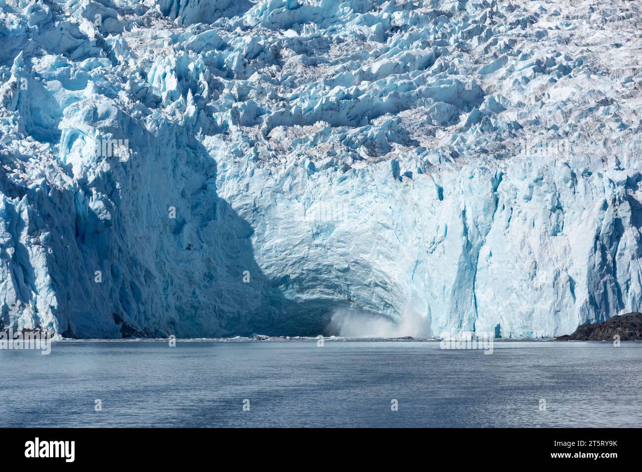 A glacier is calving into the ocean, creating a splash of water as ice breaks off and falls into ...