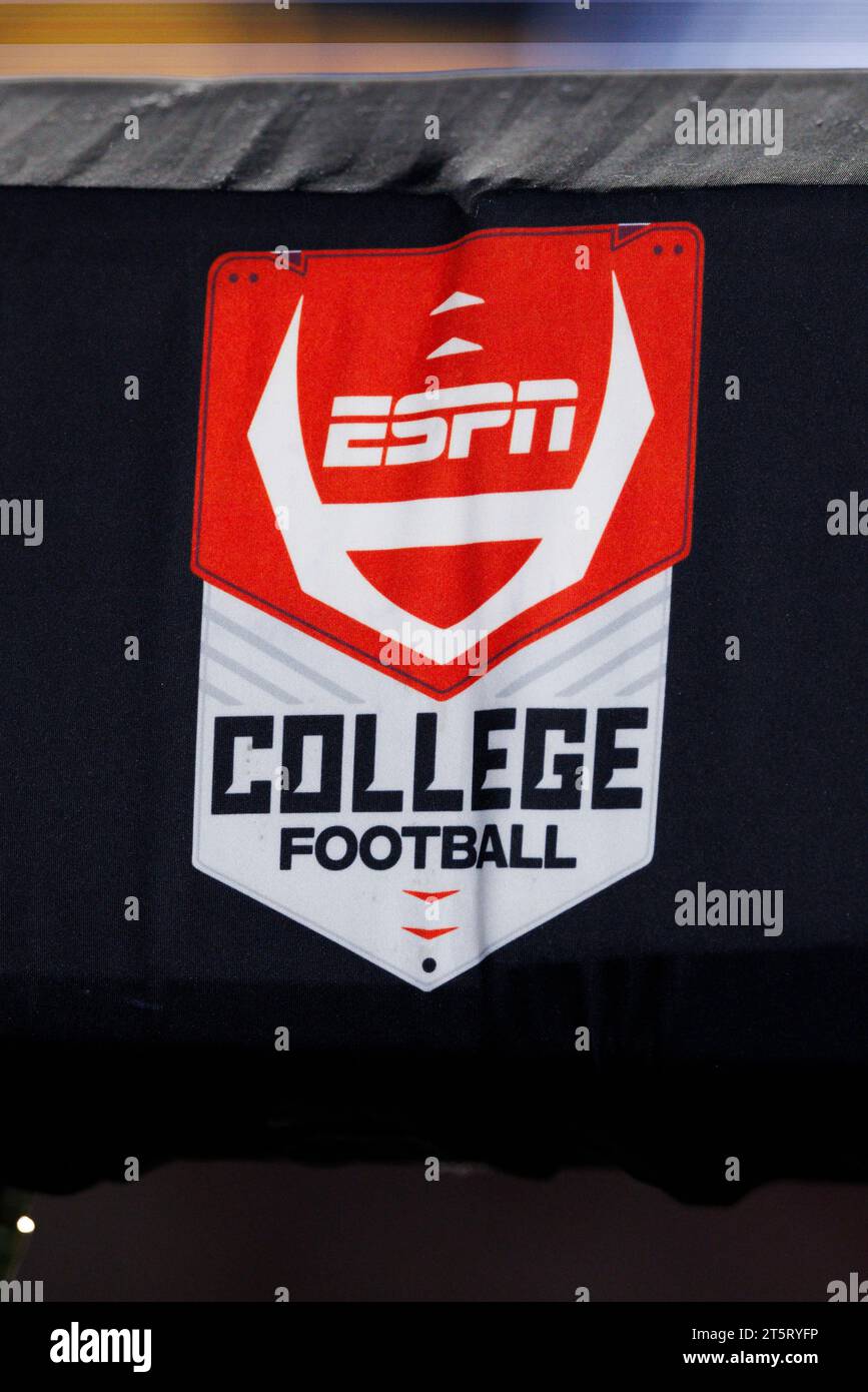 Detail view of an ESPN College Football logo on a broadcast video ...