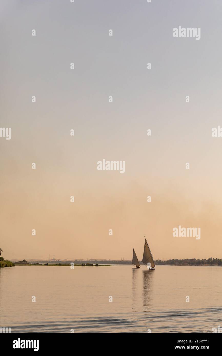 Two Egyptian felucca style sailboats cruise up the Nile River Stock ...