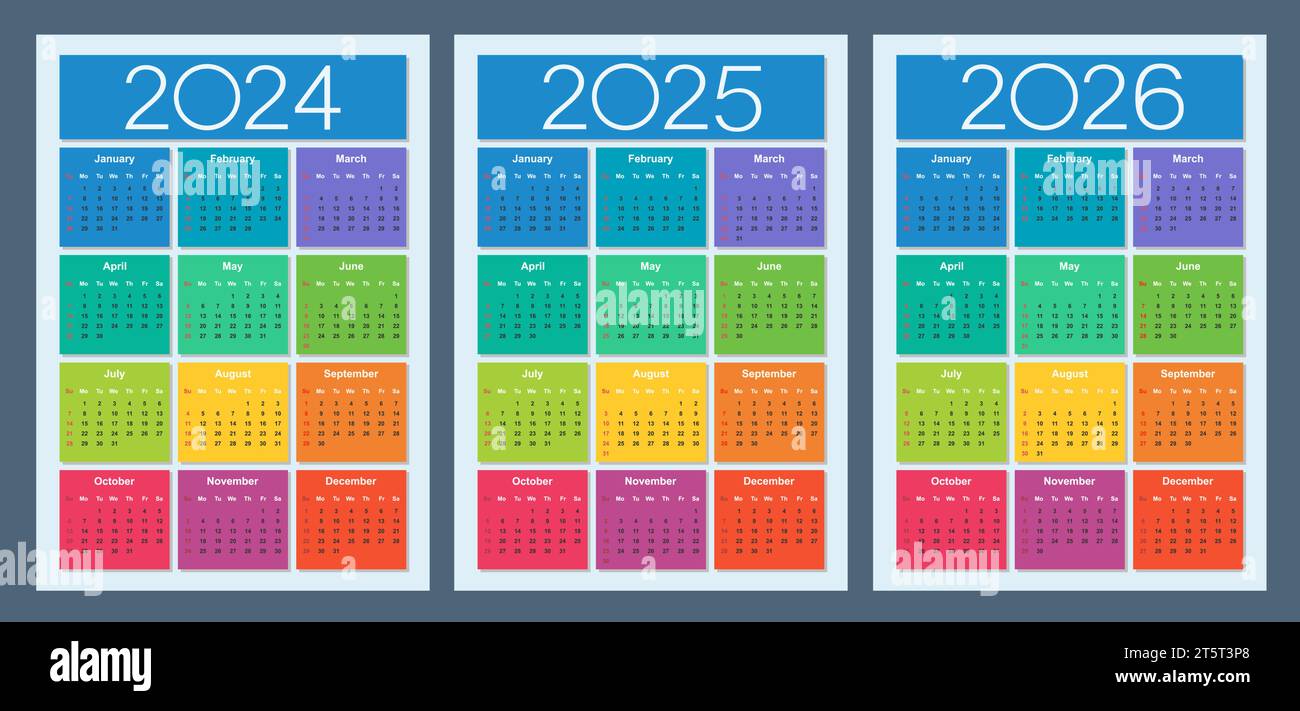 Colorful calendar for 2024, 2025 and 2026 years. Week starts on Sunday ...