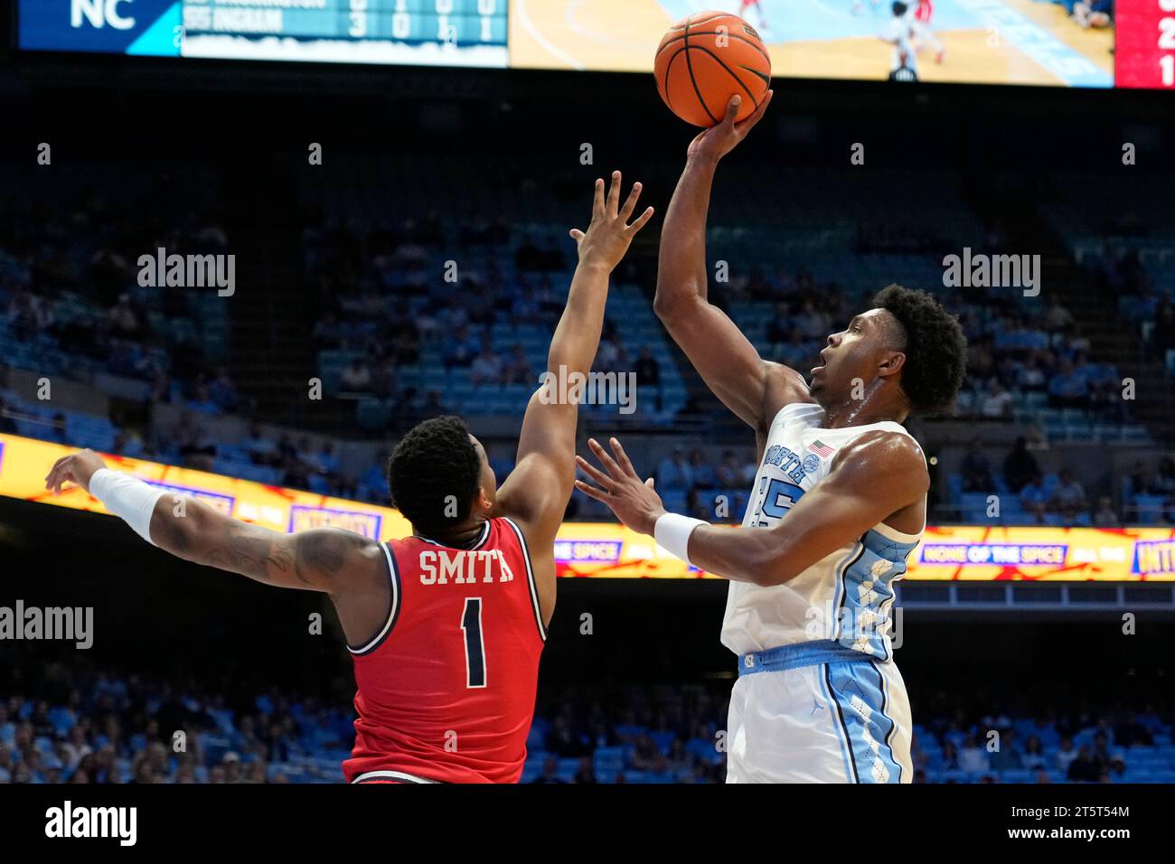 North Carolina forward Harrison Ingram (55) shoots over Radford guard DaQuan Smith (1) during ...