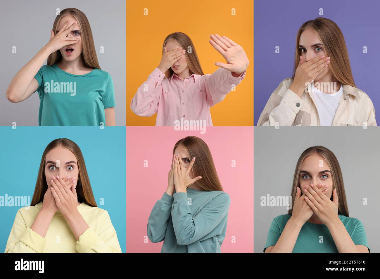 Collage with photos of embarrassed woman on different color backgrounds ...