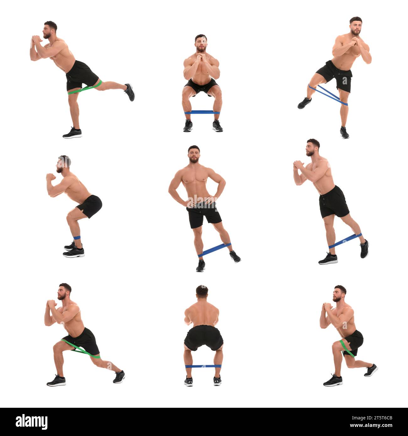 Athletic man doing different exercises with elastic resistance band on ...