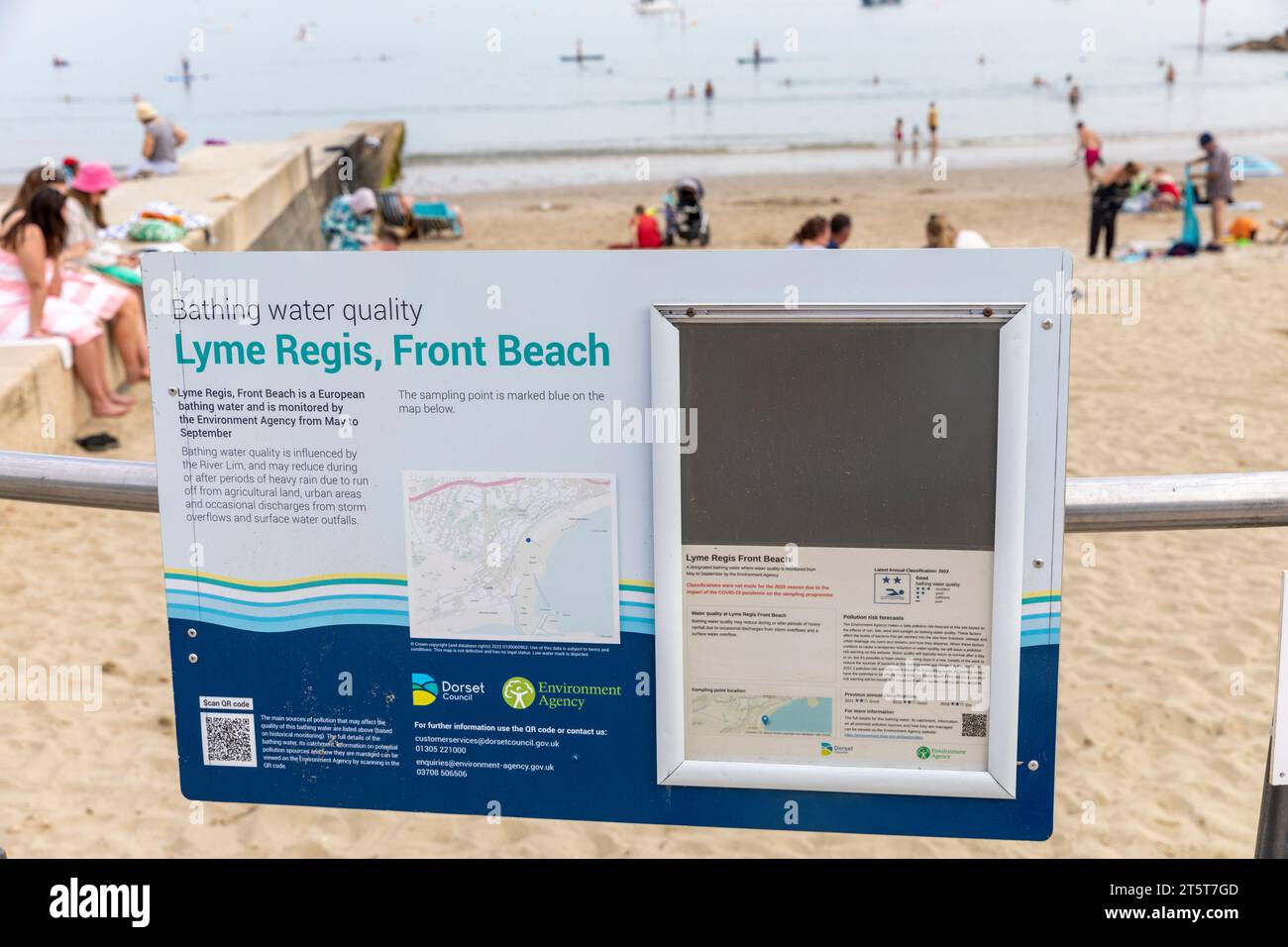 Bathing water quality sign at front Beach in Lyme Regis,Dorset,England ...