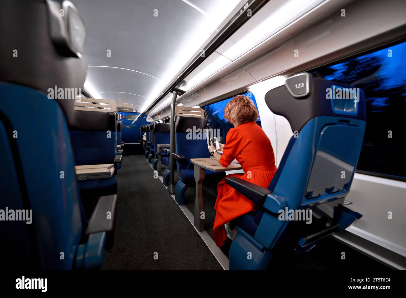 Young female traveler sitting in the modern train wagon near window ...