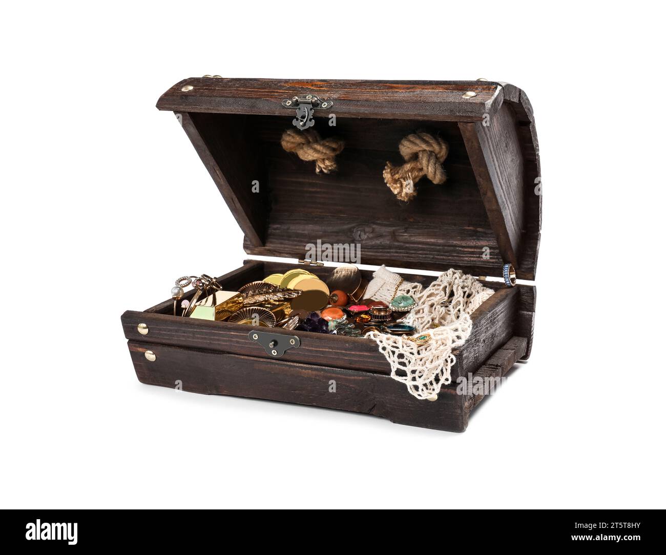 Wooden treasure chest with net, gold bars, coins, jewelry and gemstones ...