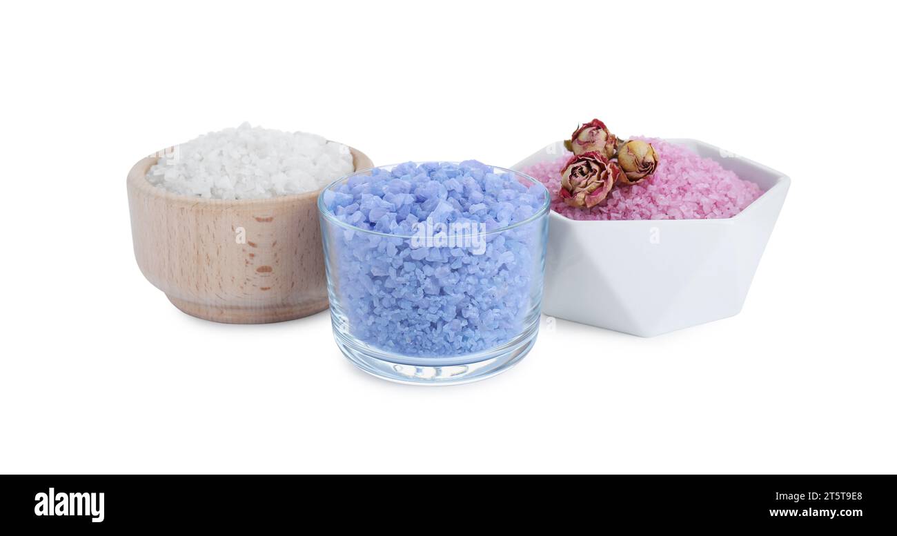 Different sea salt and dry rose flowers isolated on white Stock Photo ...
