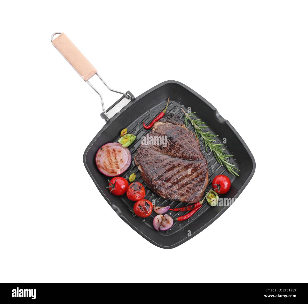 Grill pan with delicious fried beef meat, spices and vegetables ...