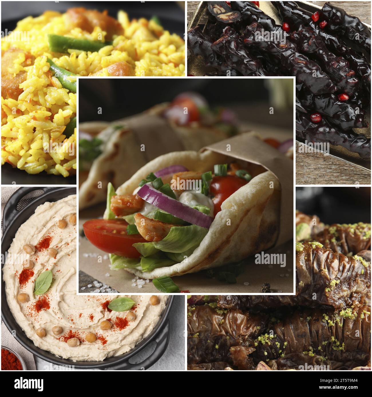 Different tasty Middle Eastern dishes. Collage of pita wraps, hummus ...