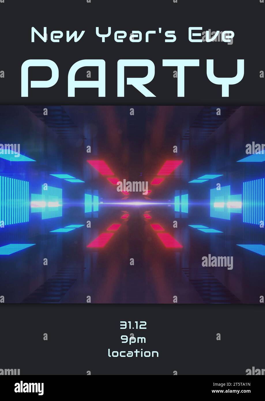 New year's eve party text in white and tunnel of red and blue lights on ...