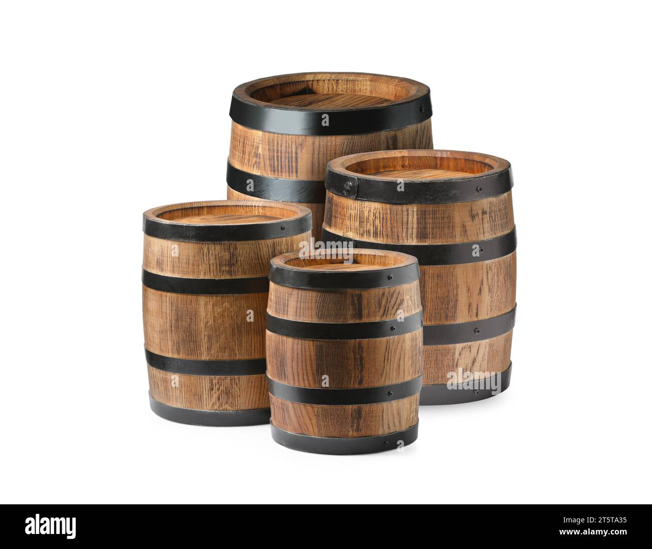 Set of many wooden barrels on white background Stock Photo - Alamy